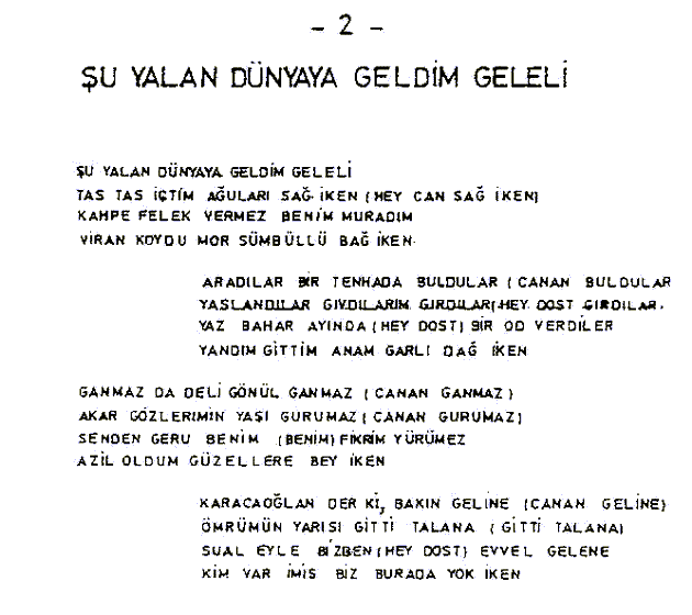 Şu Yalan Dünyaya Geldim Geleli 1 - Türkü Notası Şu Yalan Dünyaya Geldim Geleli 1 - Türkü Notası